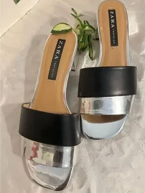 Zara | Shoes | Zara Trafaluc Black Silver Flats Sandals Slides Size 4 ...